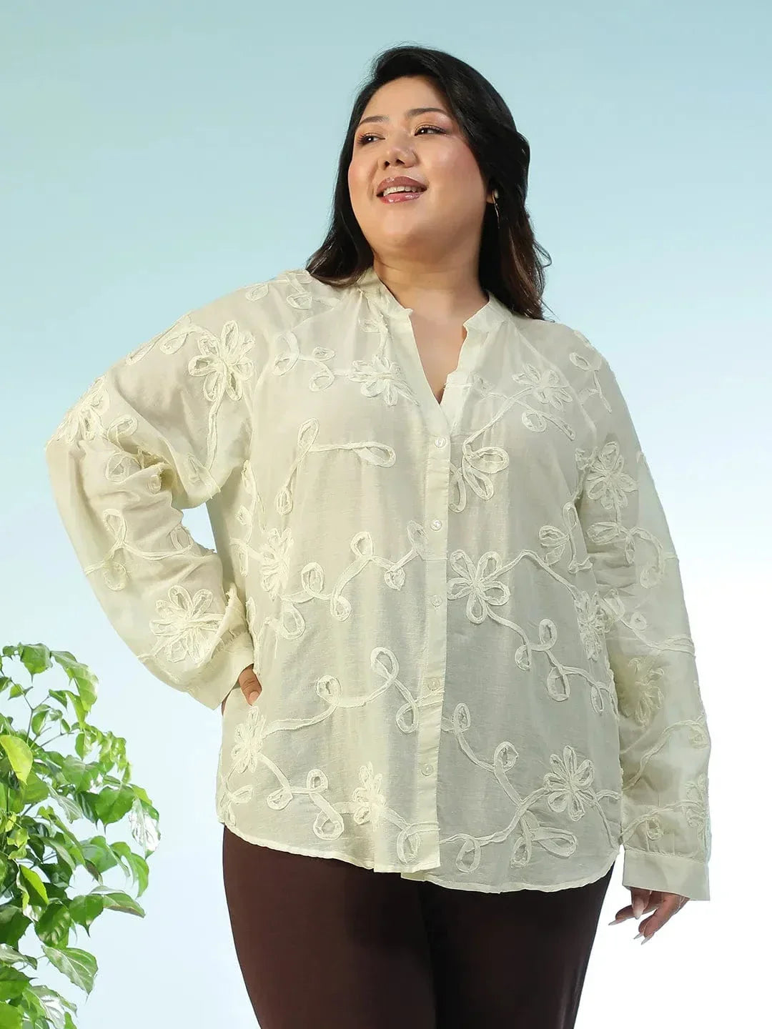 Plus Size Cotton Shirt - Oxolloxo Embroidered V-Neck Top – oxolloxo