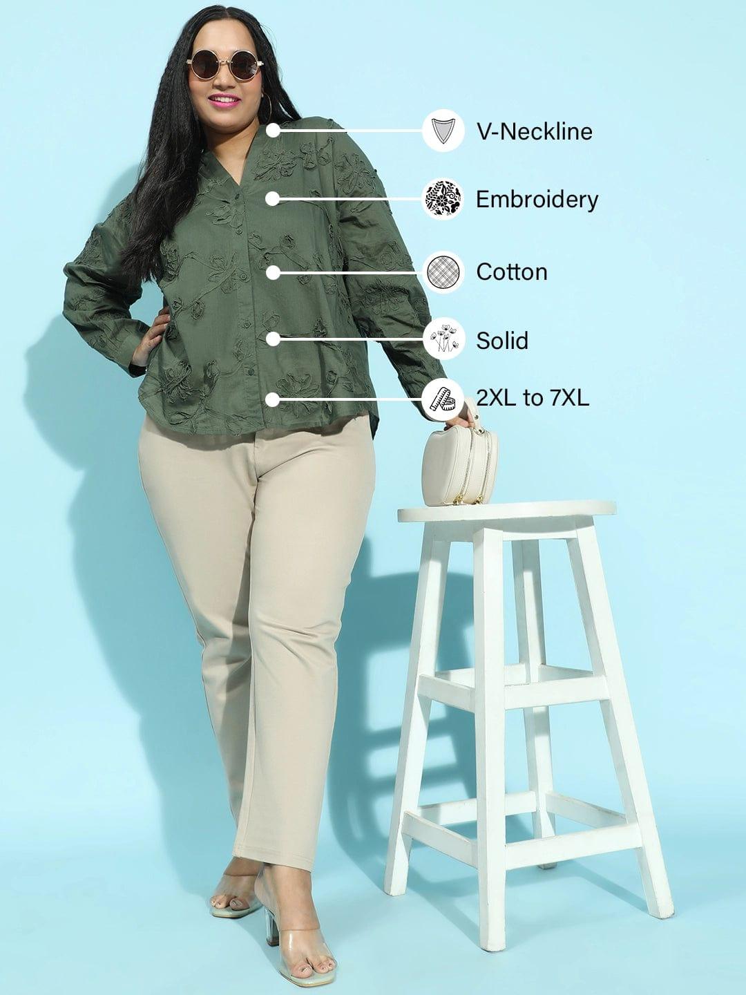 Dark Green Embroidered Long Sleeve Plus Size Shirt – oxolloxo